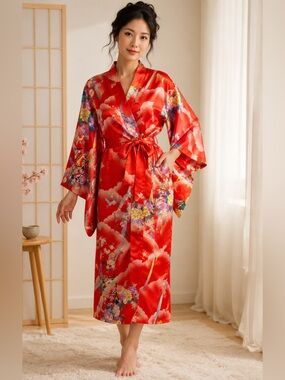 Kimonos & Yukatas | Red Floral Japanese Kimono Robe 10 Polyester Made ...